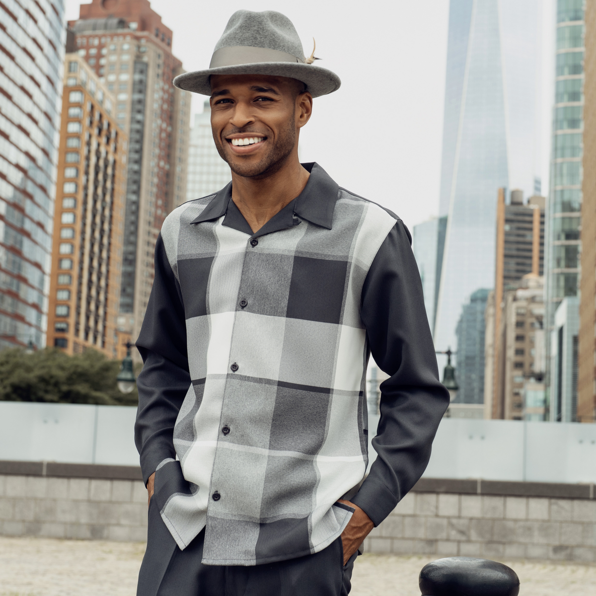 Grid Collection: Montique Grey Plaid Long Sleeve Walking Suit Set -237 ...