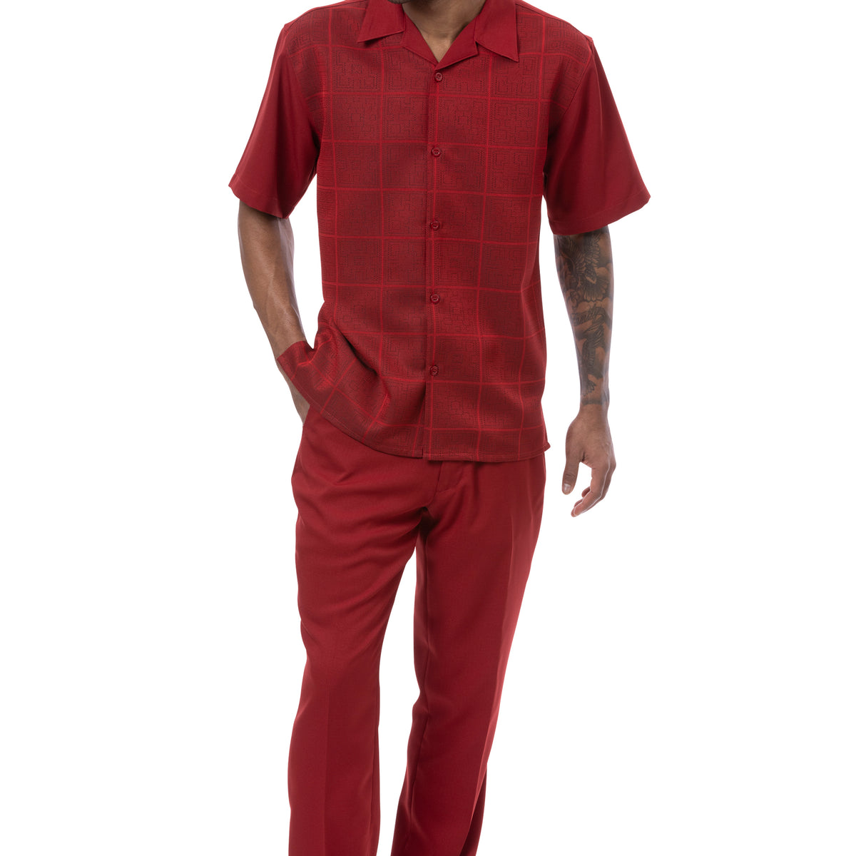 Montique's Men's Woven Checkerboard Walking Suit Set In Red – Suits & More