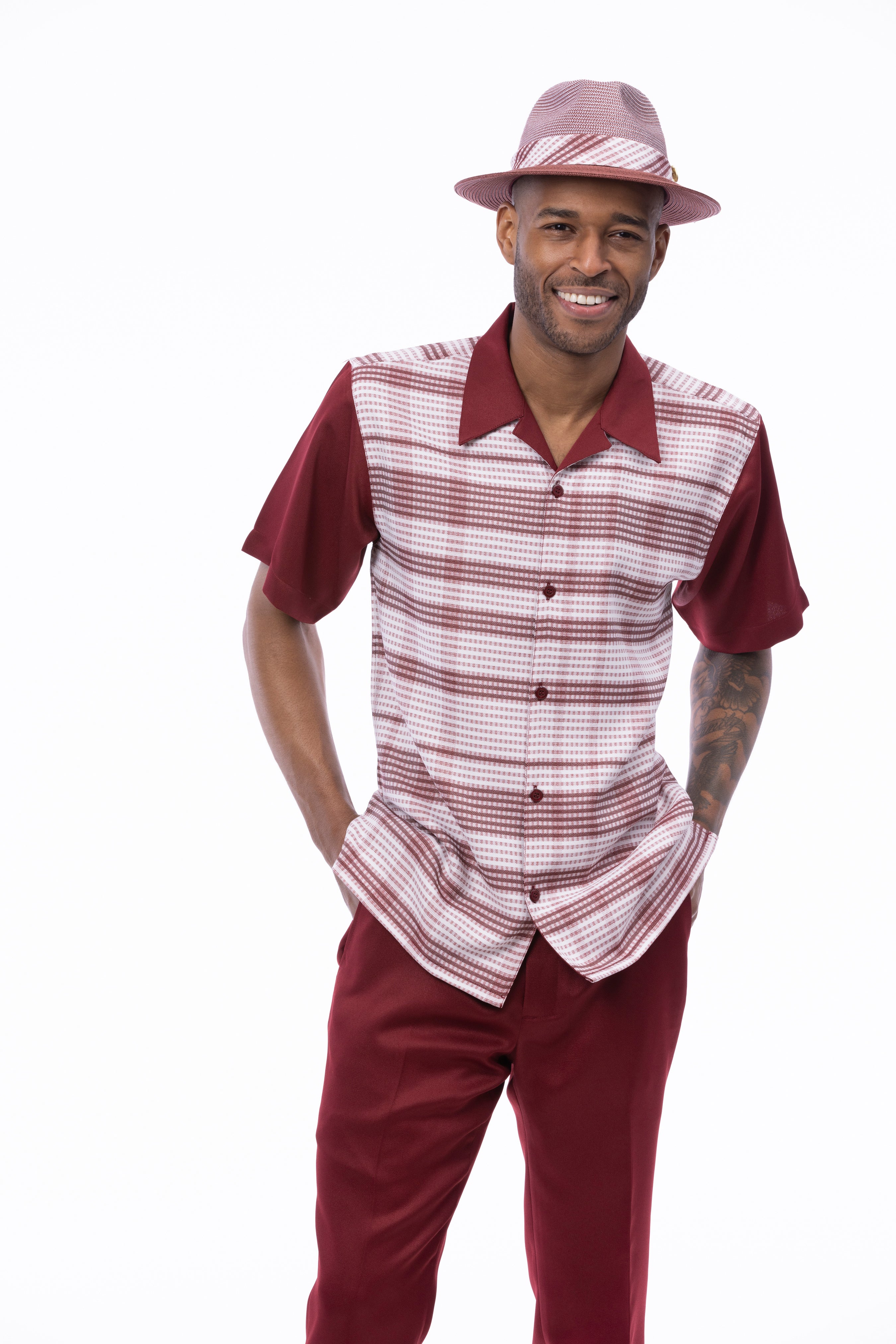 Montique Tucana Burgundy Geometric Walking Suit with Solid Pants ...