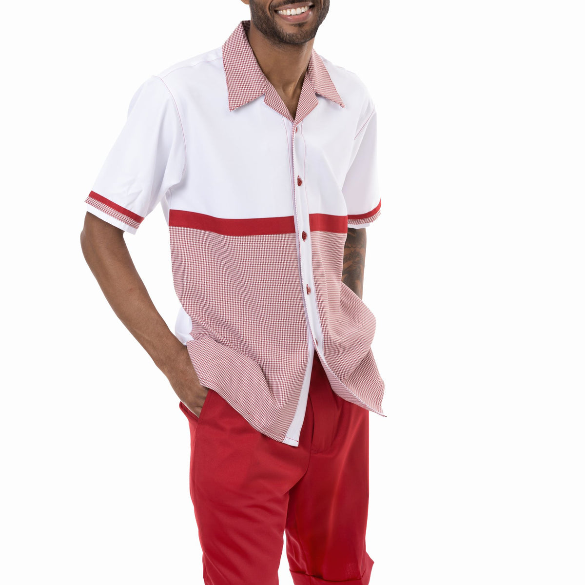 Red Horizontal Color Block Walking Suit 2 Piece SHORTS SET | Suits & More