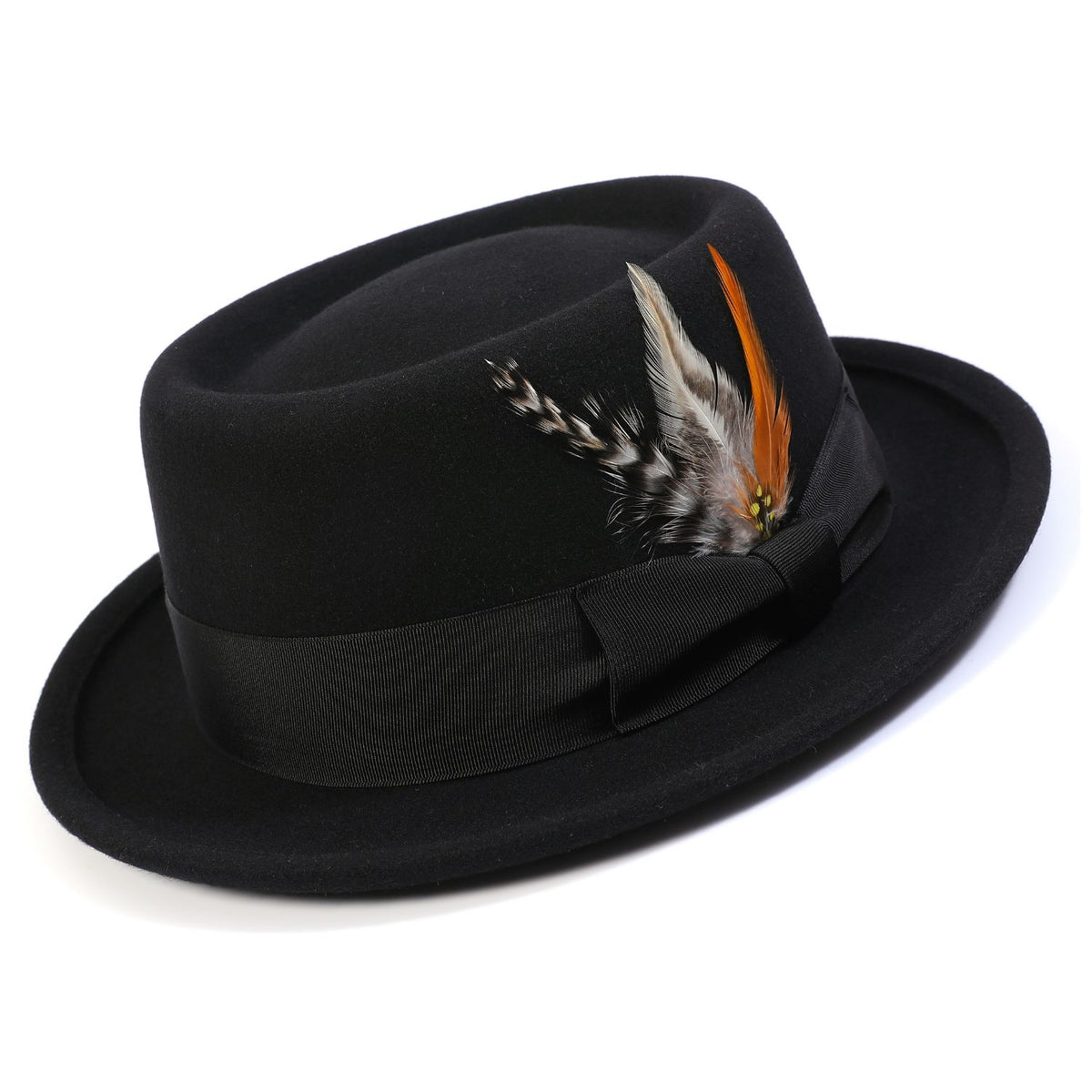 Ring Collection: Black Pork Pie Fedora with Feather Accents – Suits & More