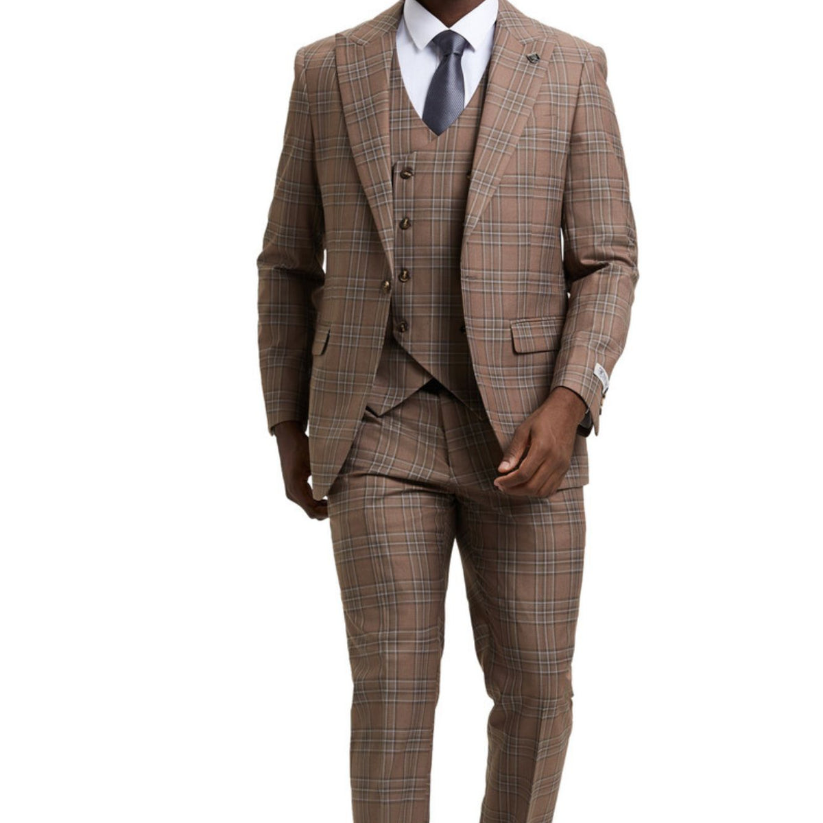 Nouvefy Collection: 3 Piece Plaid Hybrid Fit Suit In Brown For Men ...