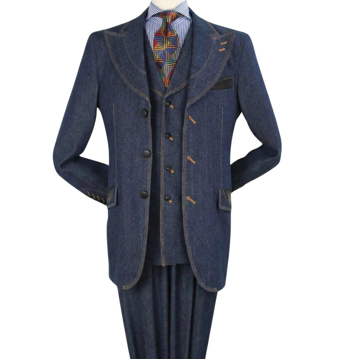 Men's Blue Denim High Fashion Suit with Semi-Wide Leg Pants – Suits & More