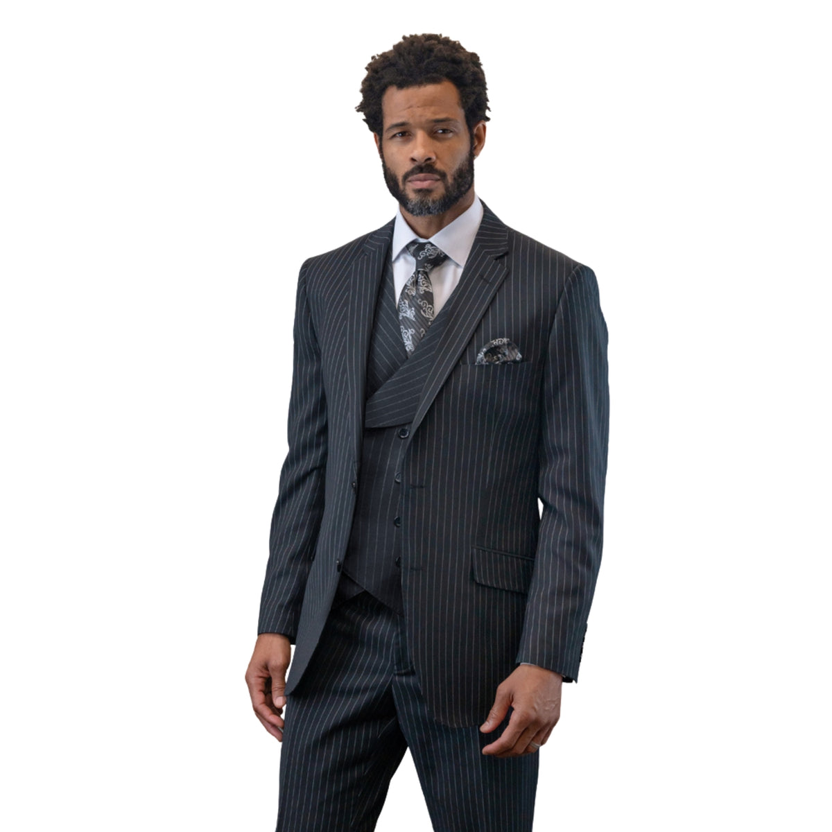 Black Pinstripe 3PC Suit with Double-Breasted Vest | Sovereign Stripe ...