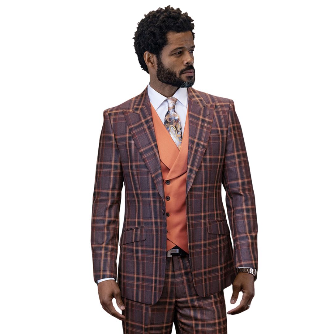Vallario Collection: Copper 3-Piece Modern Fit Plaid Suit – Suits & More