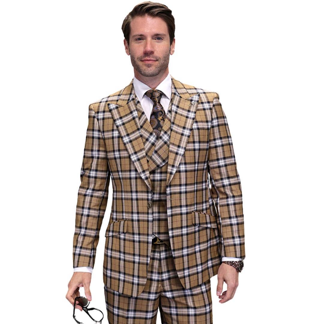 Zephiron Collection: Tan 3-Piece Plaid Modern Fit Suit – Suits & More