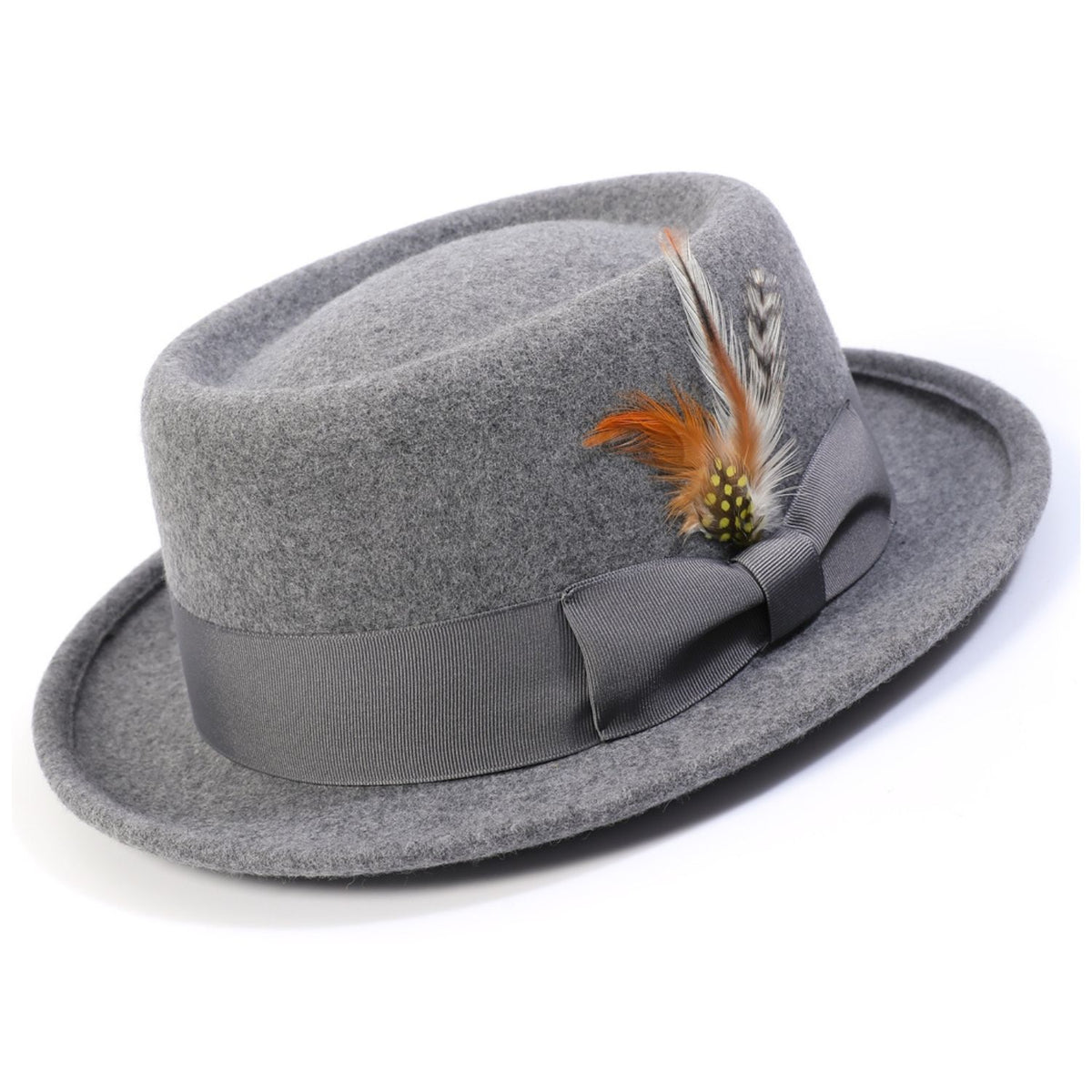 Ring Collection: Grey Pork Pie Fedora with Feather Accents – Suits & More