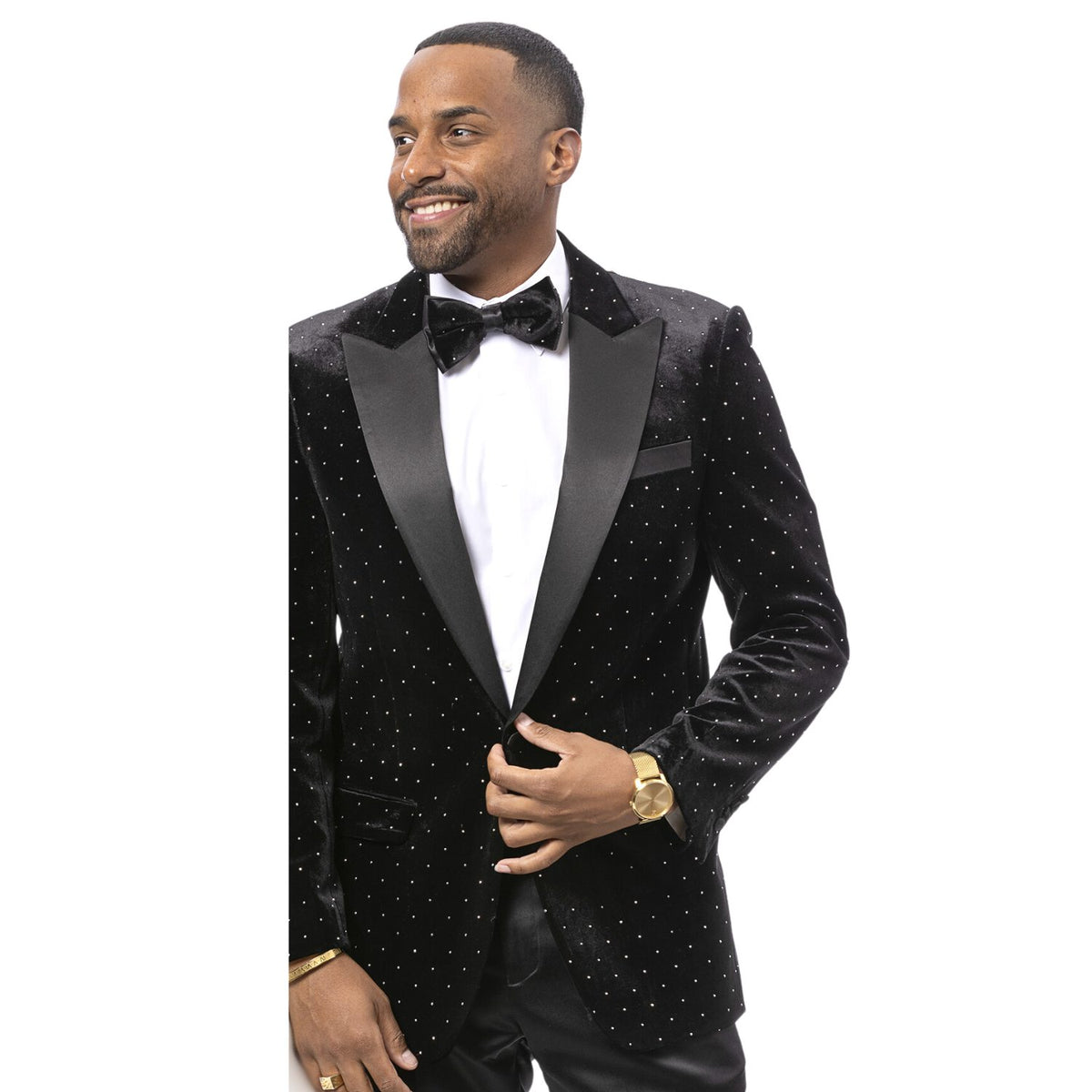 Black Velvet Blazer with Satin Lapel & Diamond Studs - Luxurious ...