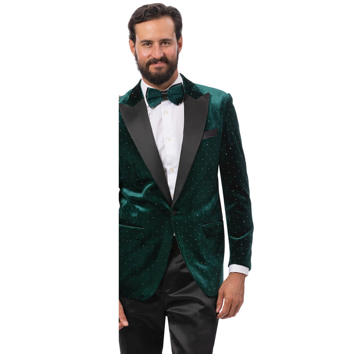 Modern Fit Green Velvet Blazer with Diamond Studs - Elegant Evening ...