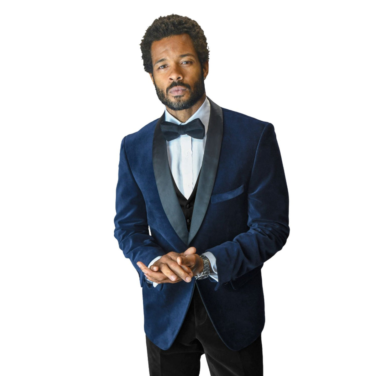 Janus Collection: 2 PC Navy Velvet Suit with Bow Tie – Suits & More