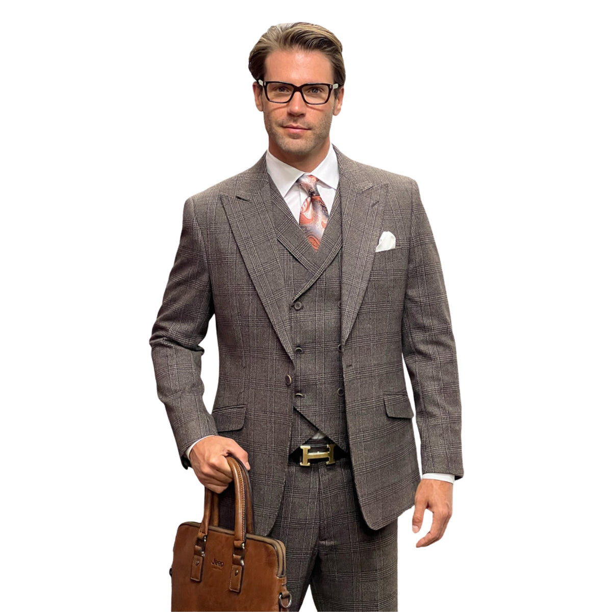 Brown Tweed Plaid 3PC Suit | Hugo Highness Collection – Suits & More