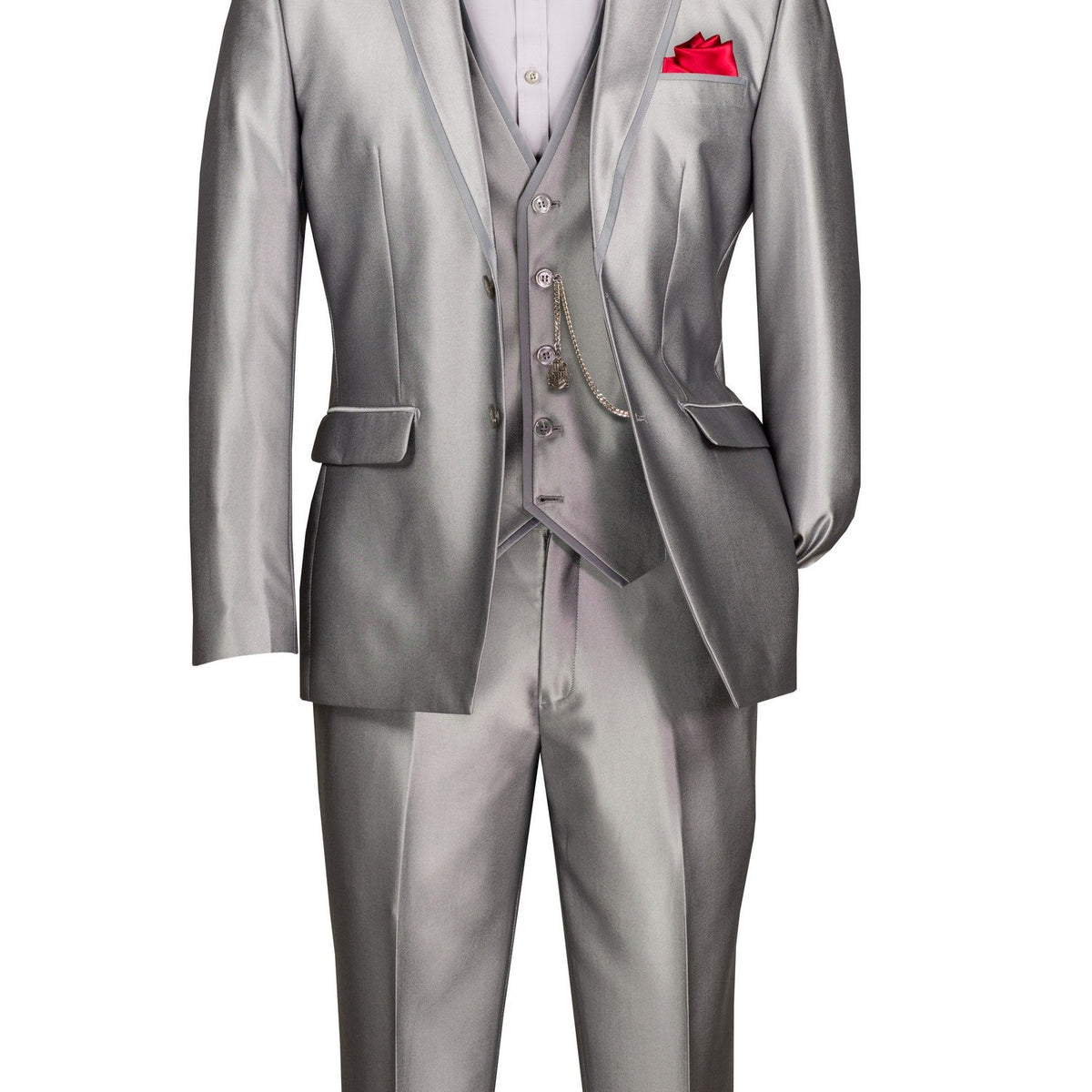 Men’s Silver 3-Piece Satin Look Slim Fit Suit – Suits & More