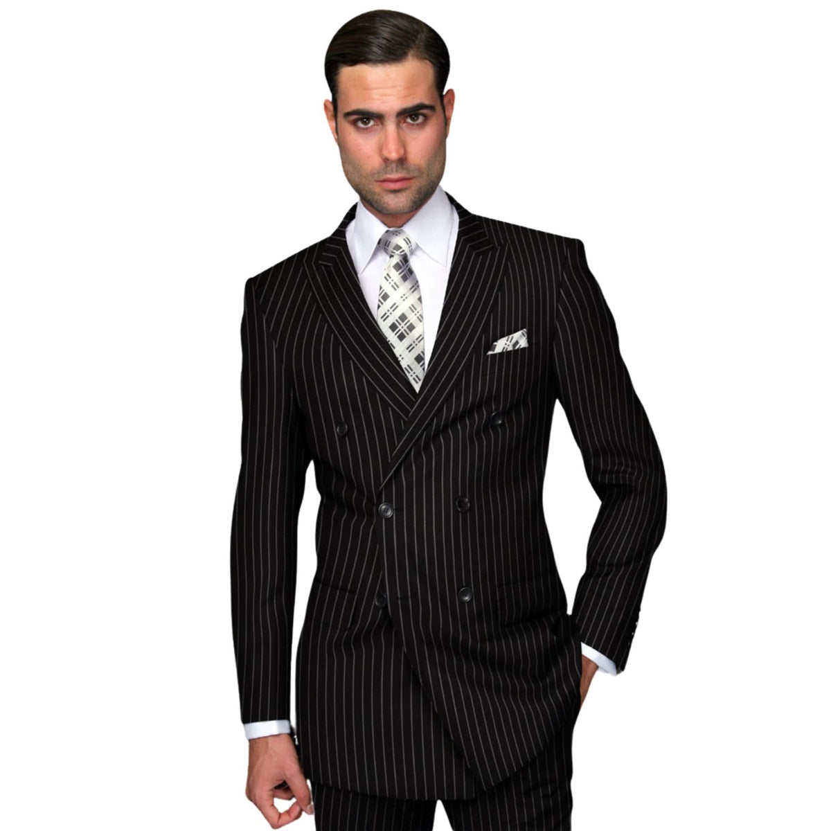 Elegant Black Pinstripe Double Breasted Suit - Super 180's Italian Wool ...
