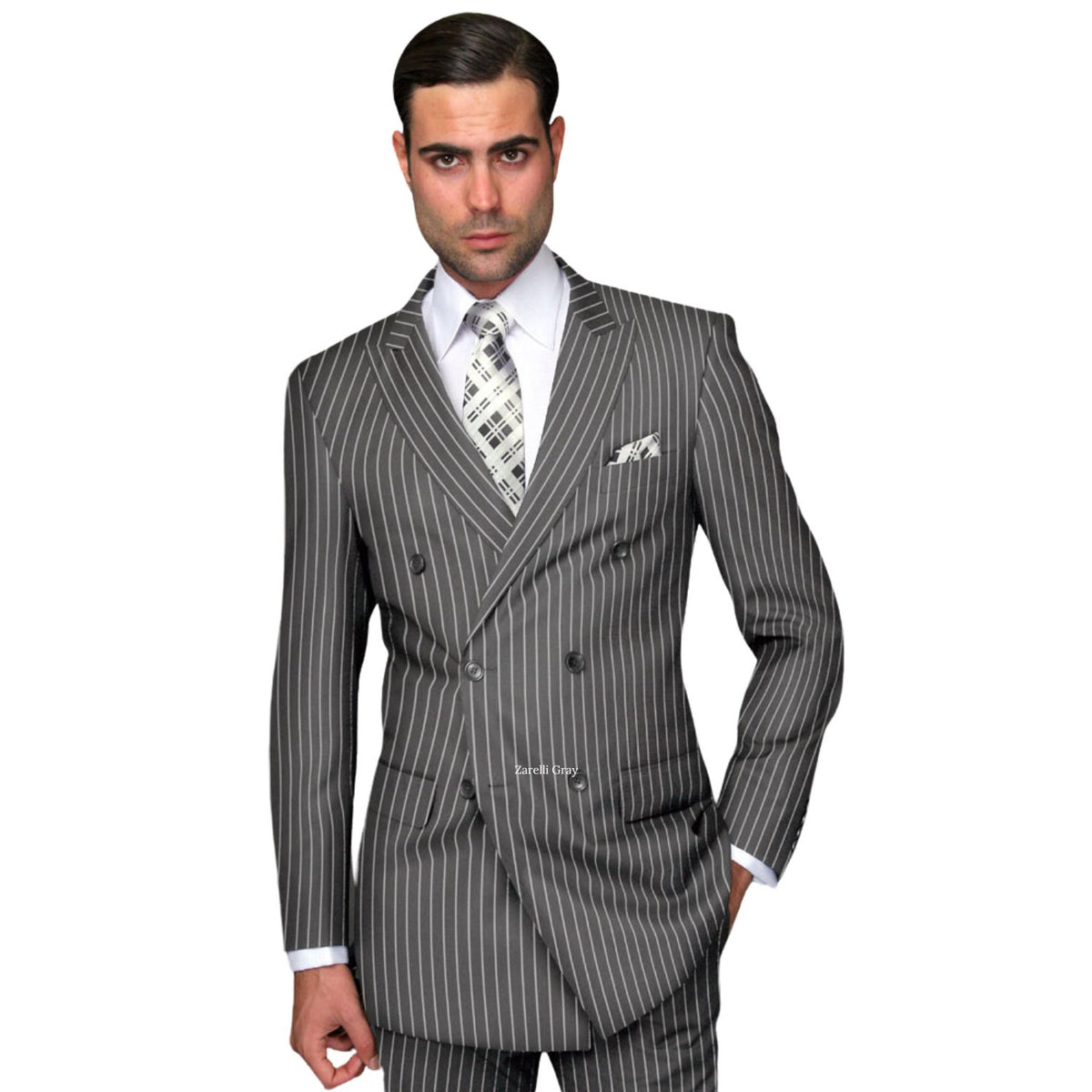 Sophisticated Gray Pinstripe Double Breasted Suit - Super 180's Italian ...