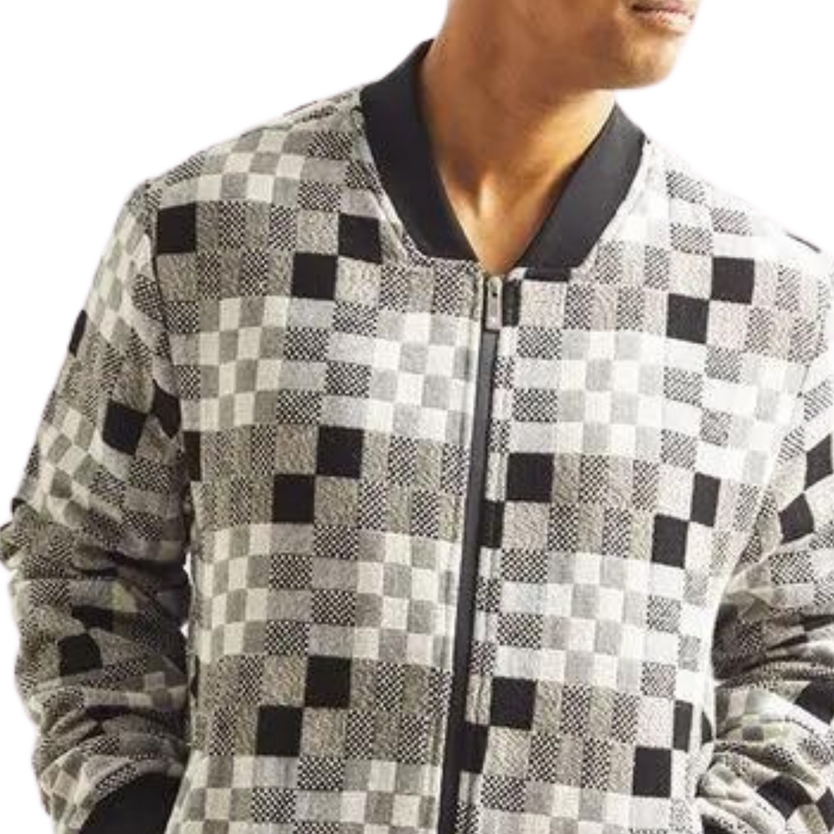 Gents Geo Square Plaid Bomber Full Cut Jacket In Black – Suits & More
