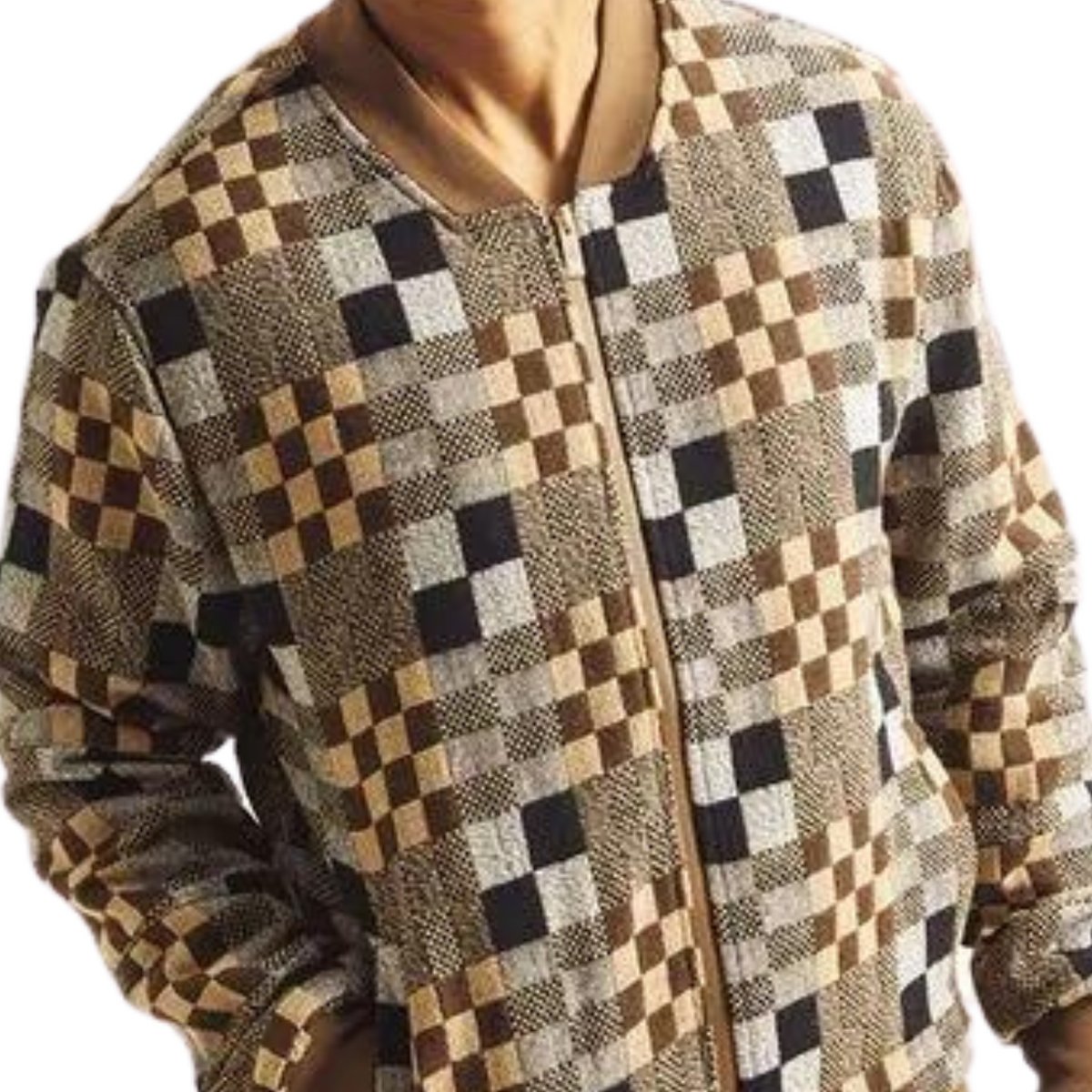 Gents Geo Square Plaid Bomber Full Cut Jacket In Brown – Suits & More