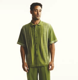Knitted Fabric Grass Green Criss-Cross Pattern Walking Suit Short Slee ...