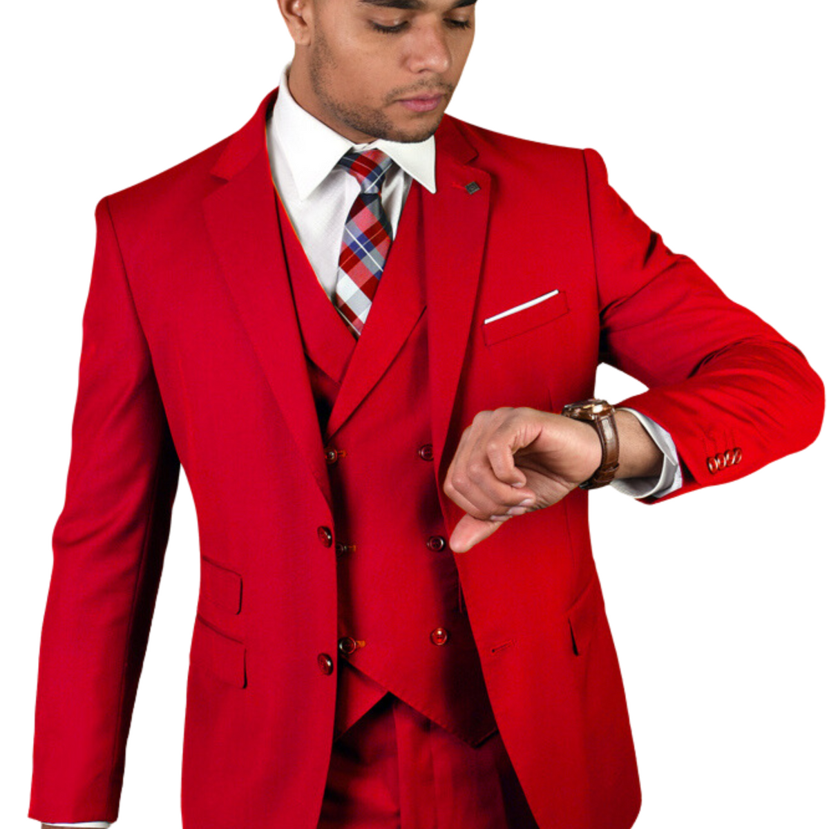 Red 3PC Suit Modern Fit, Flat Front Pants, Double Breasted Vest – Suits ...