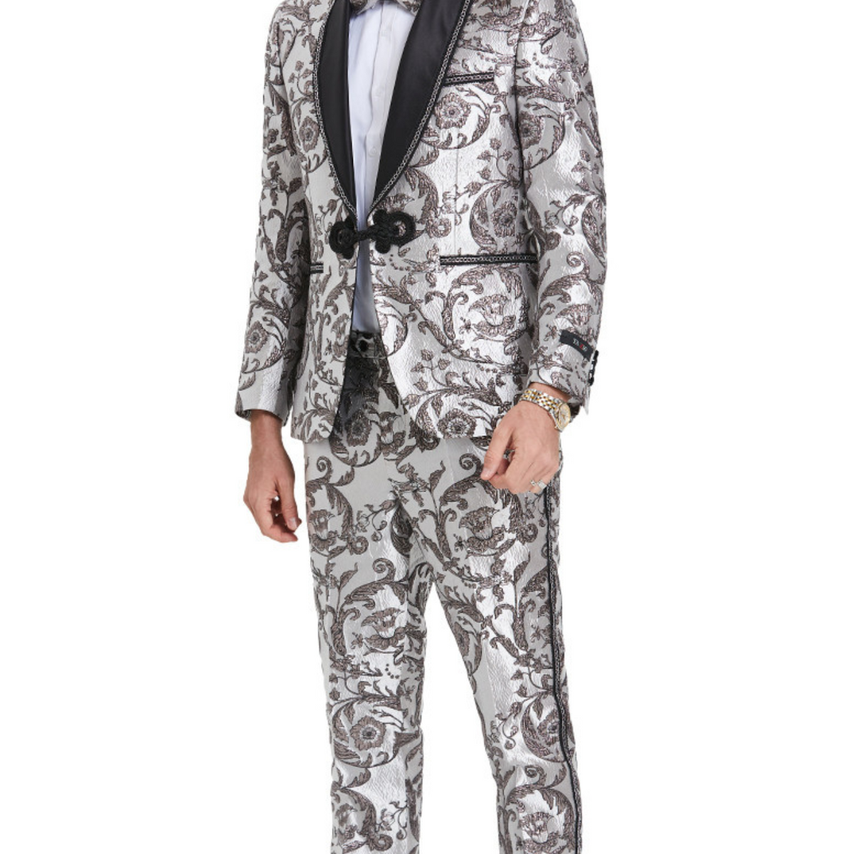 Tazzio Men's Silver Paisley Print 2-Pc Suit with Satin Shawl Collar an ...
