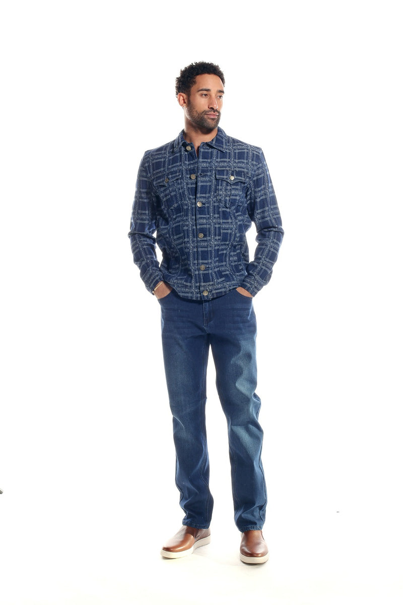 Plaid Denim Jacket and Pants Outfit in Indigo 1596 – Suits & More