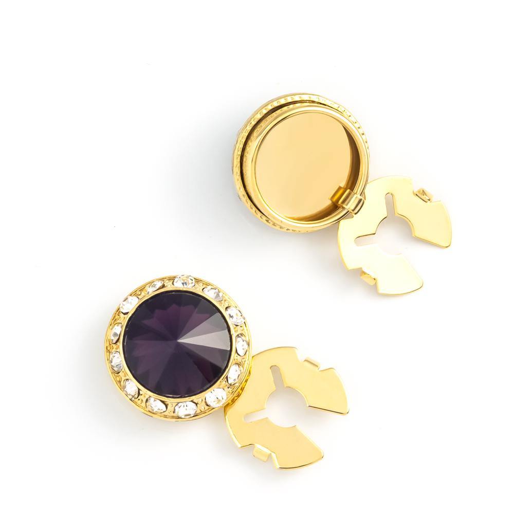Men's Gold/Jet Button Cover Cuff-Link With Crystal Stud Centered Surro ...