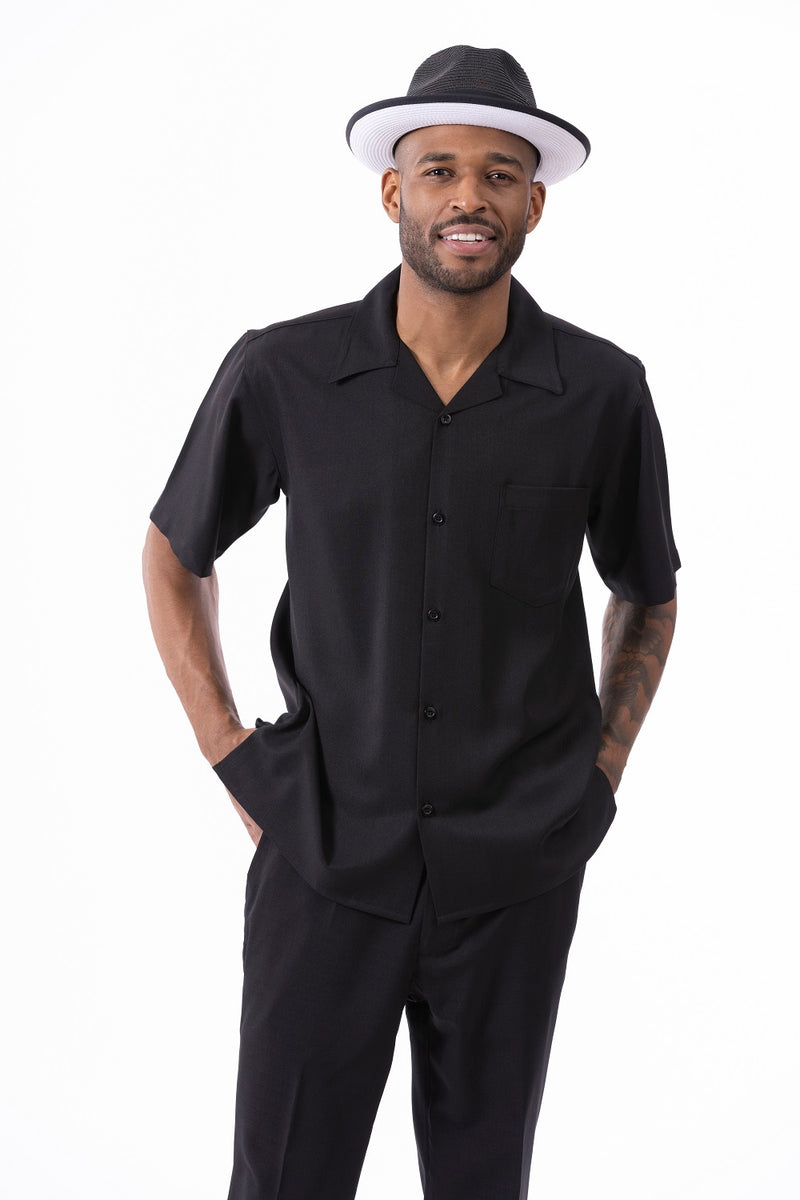 Montique Black Walking Suit Solid Color Short Sleeve Set | Suits & More