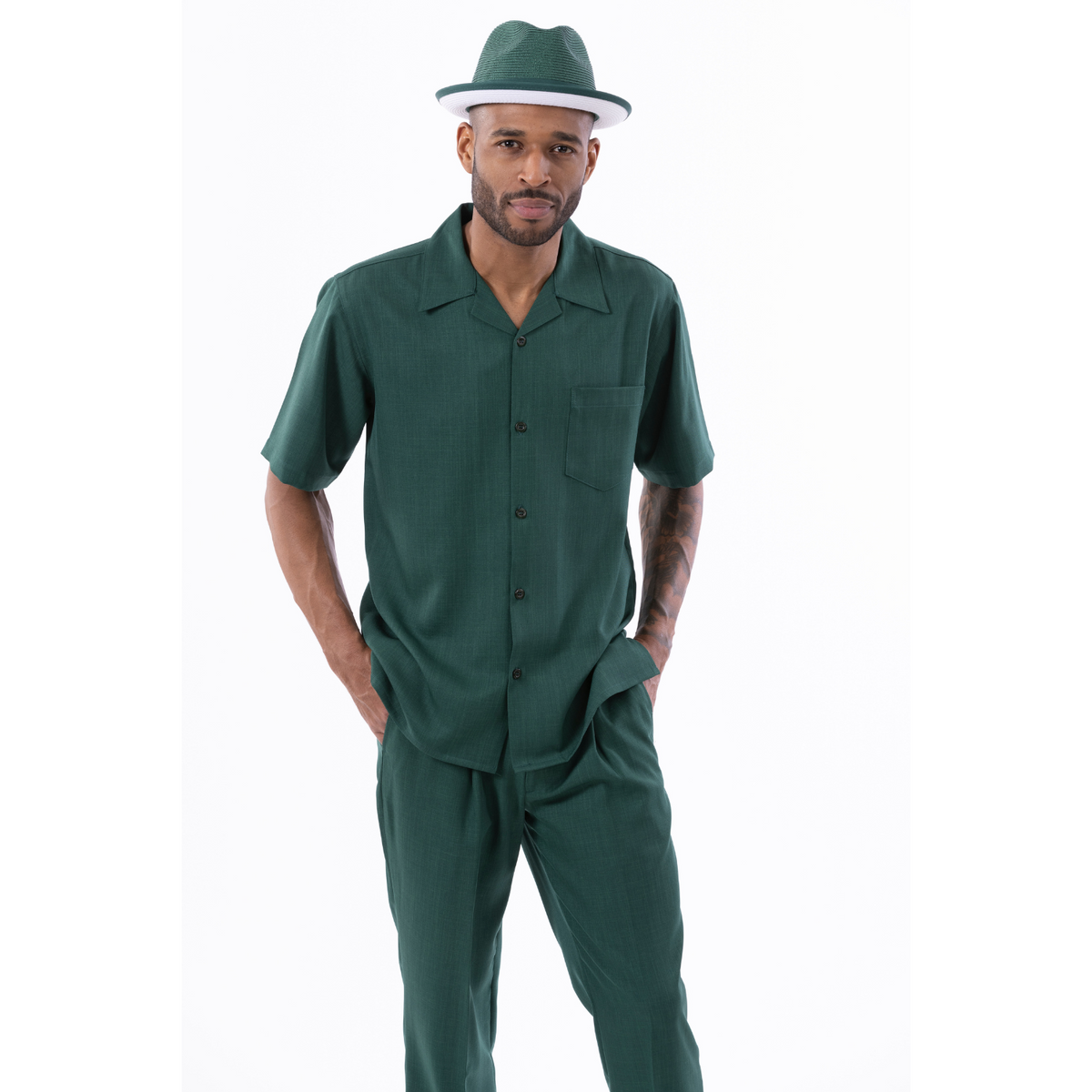 Montique Emerald Walking Suit Solid Color Short Sleeve Set | Suits & More