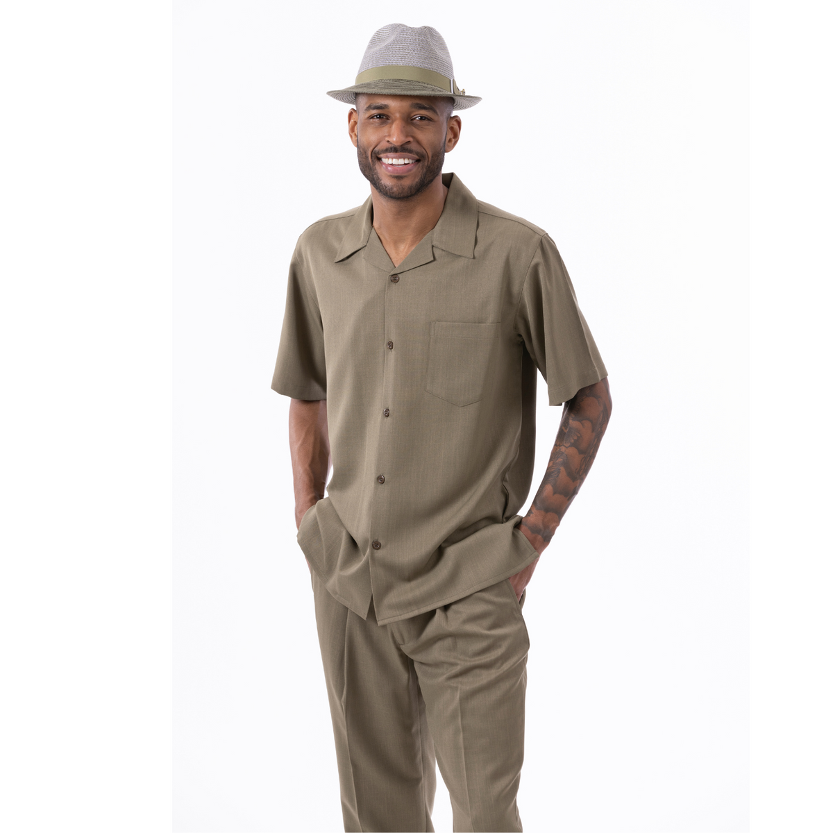 Montique Olive Walking Suit Solid Color Short Sleeve Set | Suits & More